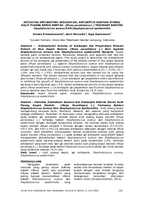 (PDF) AKTIVITAS ANTIBAKTERI SEDIAAN GEL ANTISEPTIK EKSTRAK ETANOL KULIT PISANG KEPOK MENTAH ...