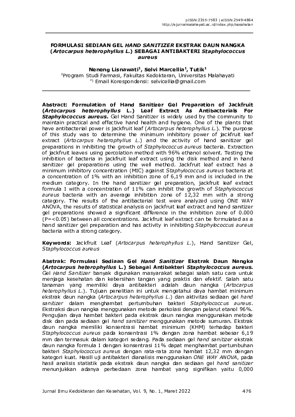 (PDF) FORMULASI SEDIAAN GEL HAND SANITIZER EKSTRAK DAUN NANGKA ...
