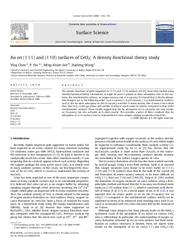 (PDF) Au on (111) and (110) surfaces of CeO2: A density-functional ...