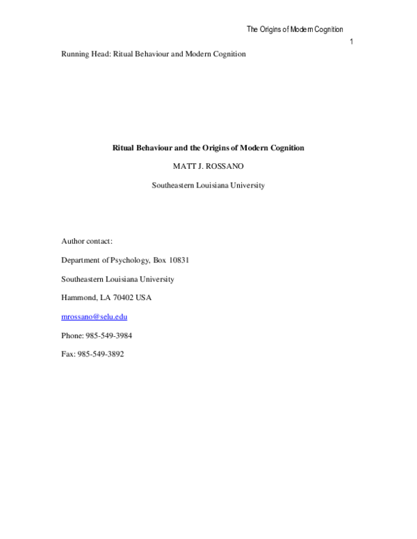 (PDF) The Origins of Modern Cognition 1 Running Head: Ritual Behaviour ...
