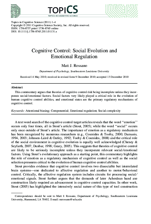 (PDF) Cognitive Control: Social Evolution and Emotional Regulation