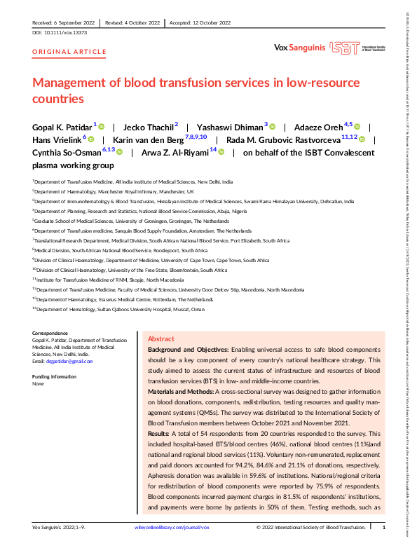 (PDF) Management of blood transfusion services in low‐resource countries