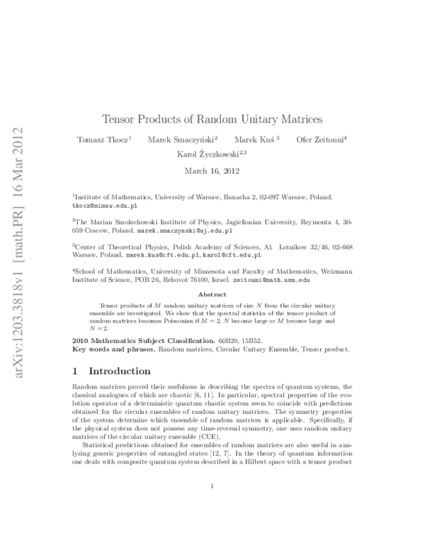 (PDF) Życzkowski, Tensor Products of Random Unitary Matrices, Random ...