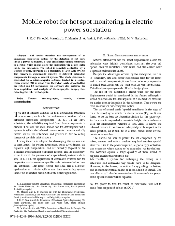 (PDF) Mobile robot for hot spot monitoring in electric power substation