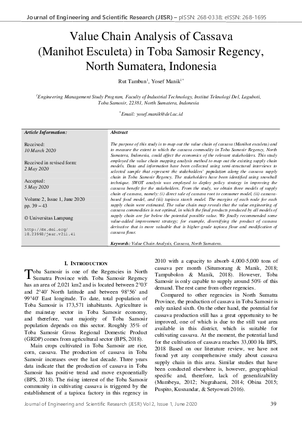 (PDF) Value Chain Analysis of Cassava (Manihot Esculeta) in Toba Samosir Regency, North Sumatera ...