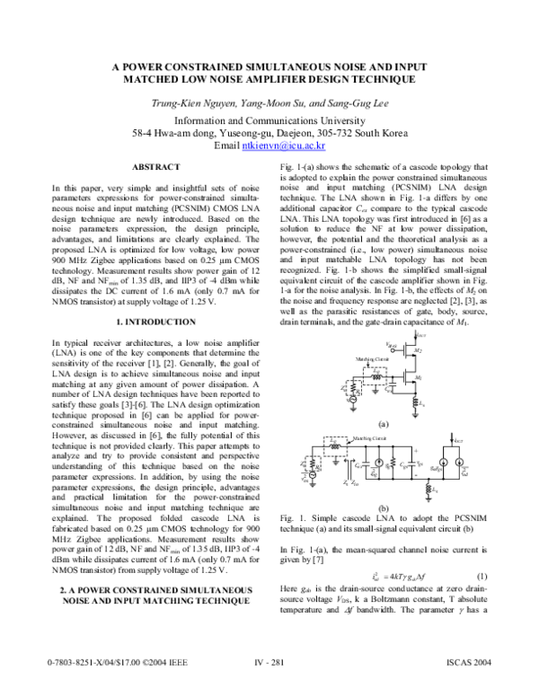 (PDF) A power constrained simultaneous noise and input matched low noise amplifier design technique