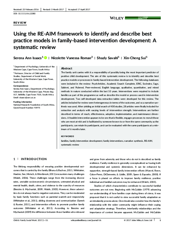 (PDF) Using the RE-AIM framework to identify and describe best practice models in family-based ...