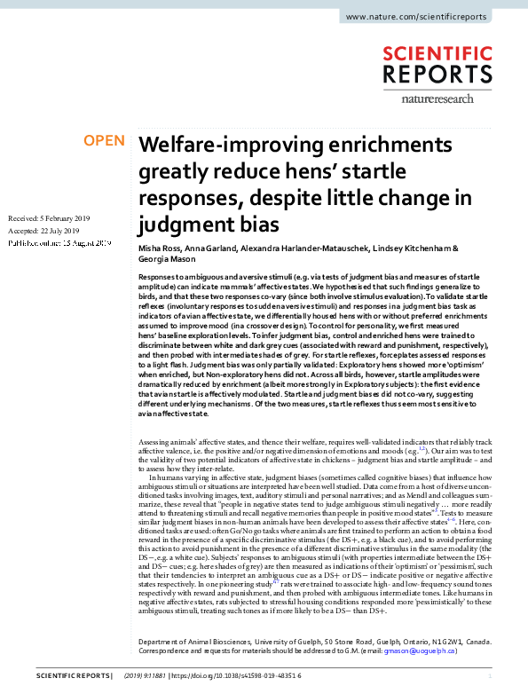 (PDF) Welfare-improving enrichments greatly reduce hens’ startle ...