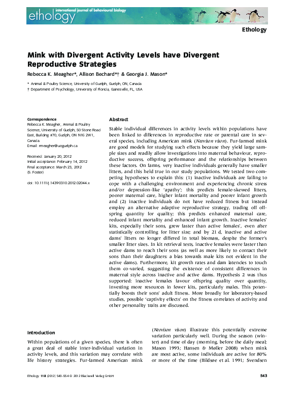 (PDF) Mink with Divergent Activity Levels have Divergent Reproductive ...