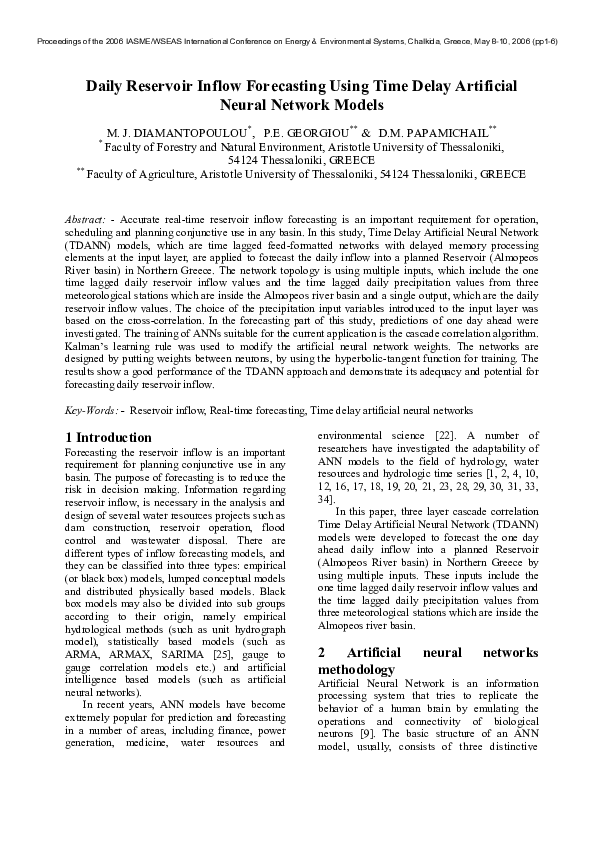 Pdf Daily Reservoir Inflow Forecasting Using Time Delay Artificial Neural Network Models