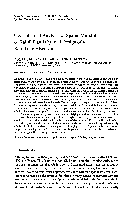 (PDF) Geostatistical analysis of spatial variability of rainfall and optimal design of a rain ...