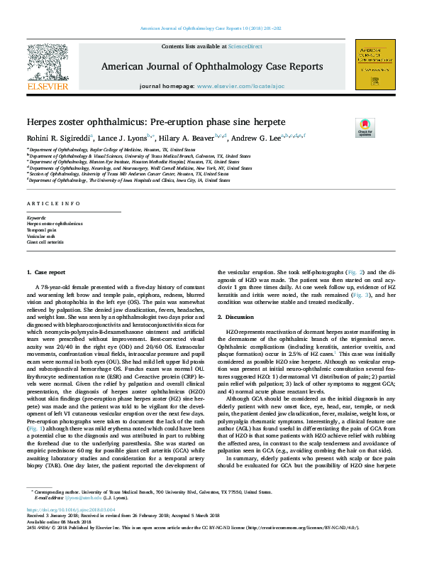 (PDF) Herpes zoster ophthalmicus: Pre-eruption phase sine herpete