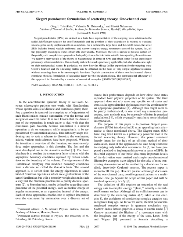 (PDF) Siegert pseudostate formulation of scattering theory: One-channel case