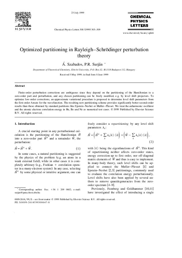 (PDF) Optimized partitioning in Rayleigh–Schrödinger perturbation theory