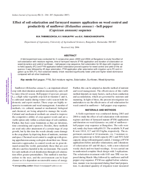 (PDF) Effect of soil solarization and farmyard manure application on weed control and ...