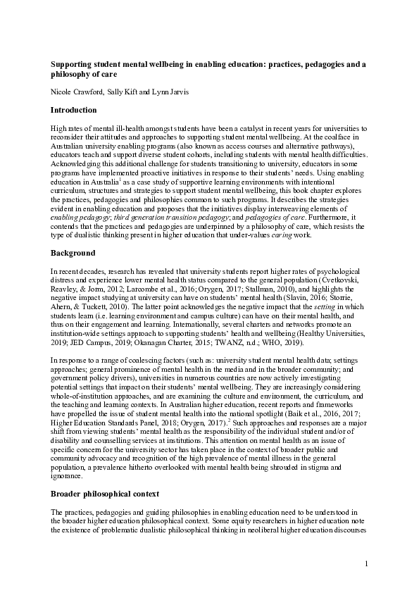 Pdf Supporting Student Mental Wellbeing In Enabling Education