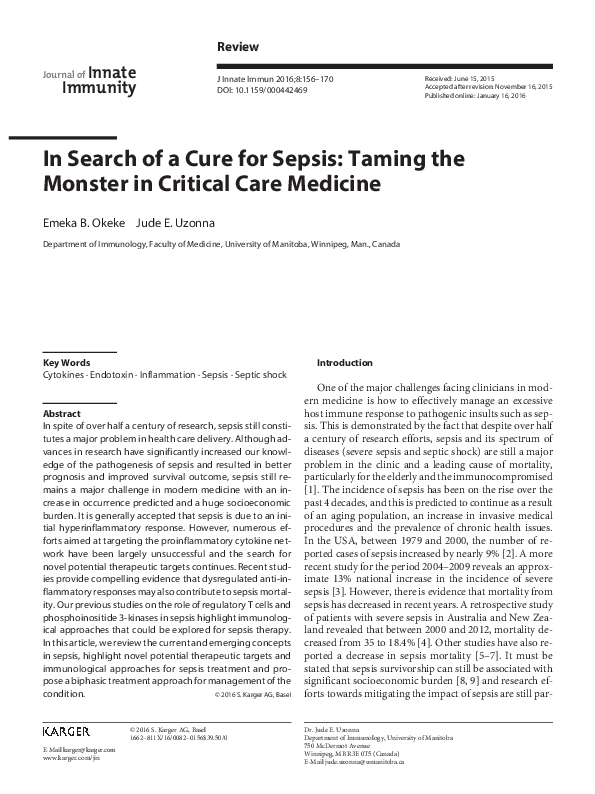 (PDF) In Search of a Cure for Sepsis: Taming the Monster in Critical ...