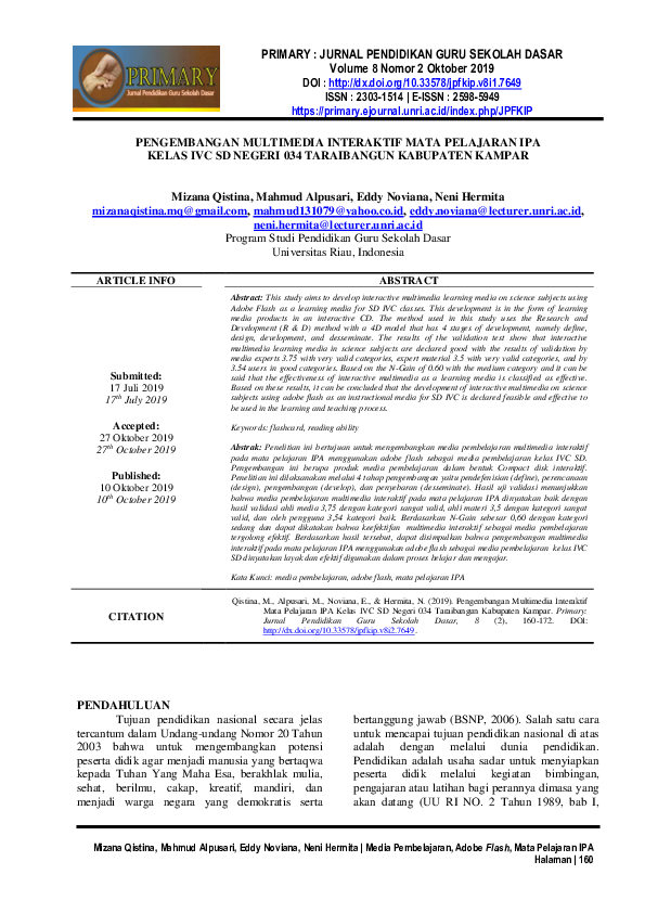 (PDF) Pengembangan Multimedia Interaktif Mata Pelajaran Ipa Kelas Ivc SD Negeri 034 Taraibangun ...