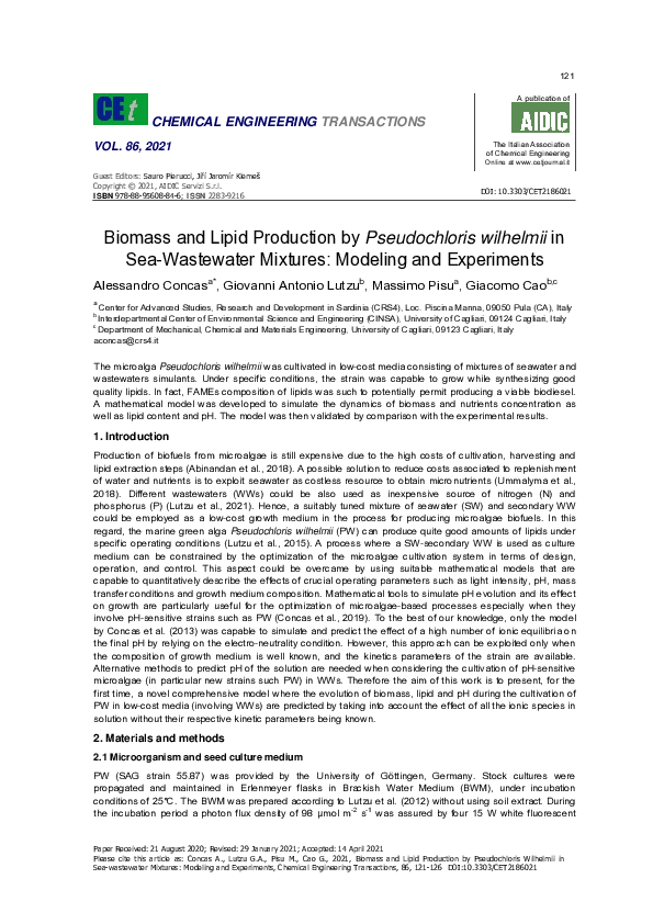 (PDF) Biomass and Lipid Production by Pseudochloris Wilhelmii in Sea ...