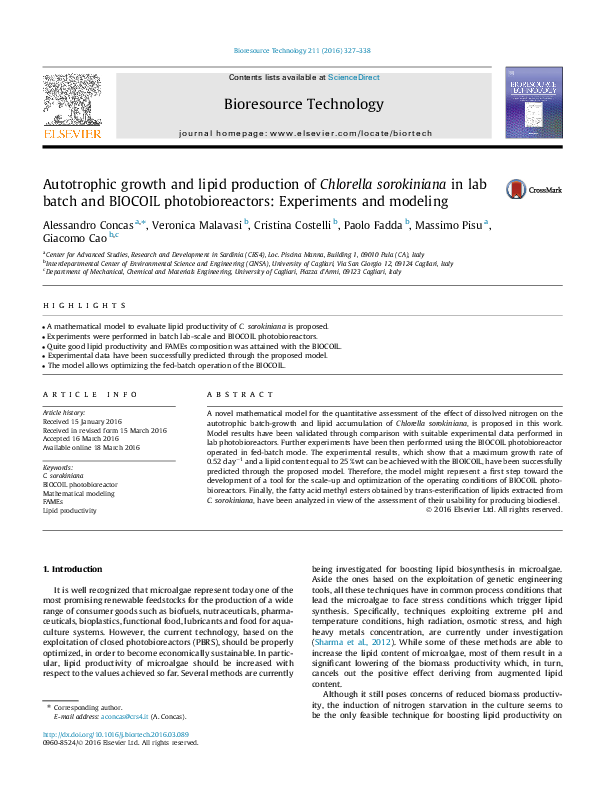 (PDF) Autotrophic growth and lipid production of Chlorella sorokiniana in lab batch and BIOCOIL ...