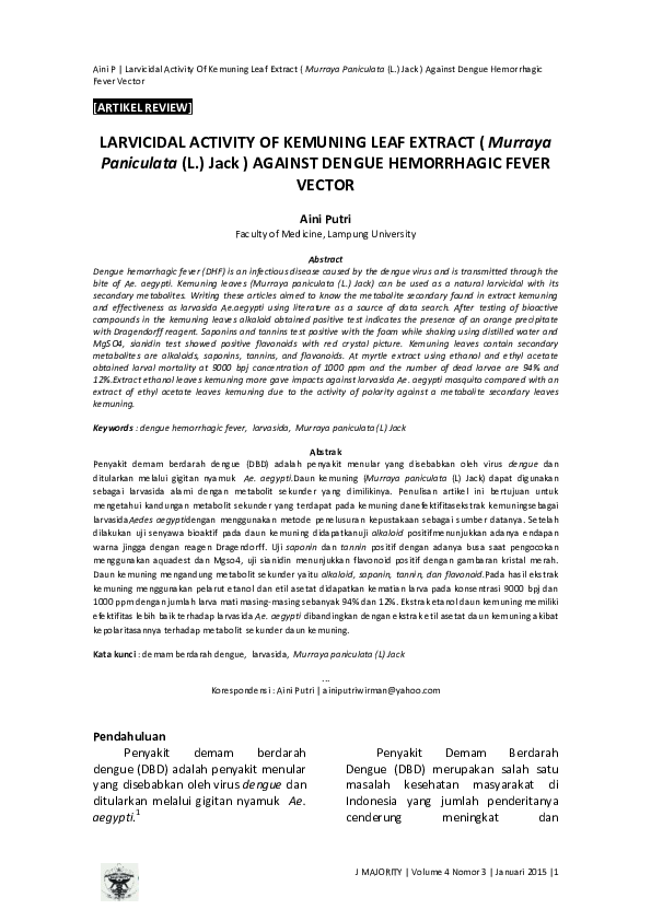 (PDF) LARVICIDAL ACTIVITY OF KEMUNING LEAF EXTRACT ( Murraya Paniculata (L.) Jack ) AGAINST ...