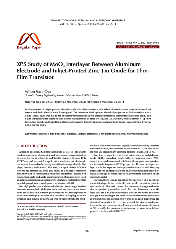 (PDF) XPS Study of MoO3Interlayer Between Aluminum Electrode and Inkjet ...