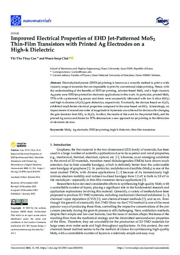 (PDF) Improved Electrical Properties of EHD Jet-Patterned MoS2 Thin ...