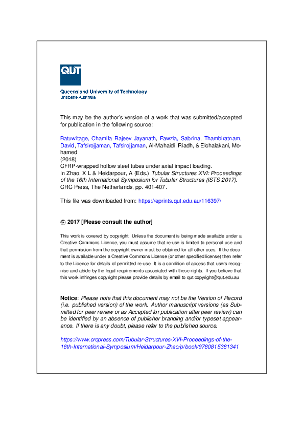 (PDF) CFRP-wrapped hollow steel tubes under axial impact loading