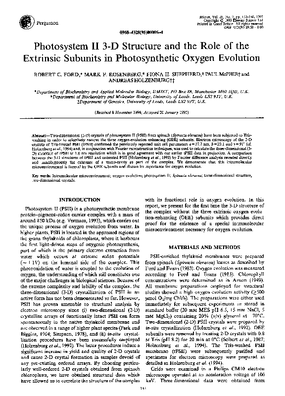 (PDF) Photosystem II 3-D structure and the role of the extrinsic ...