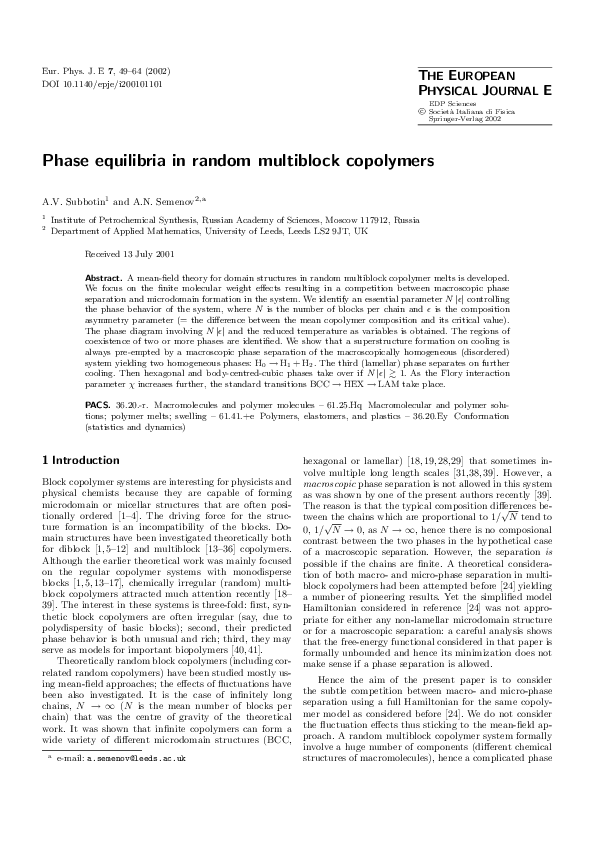 (PDF) Phase equilibria in random multiblock copolymers