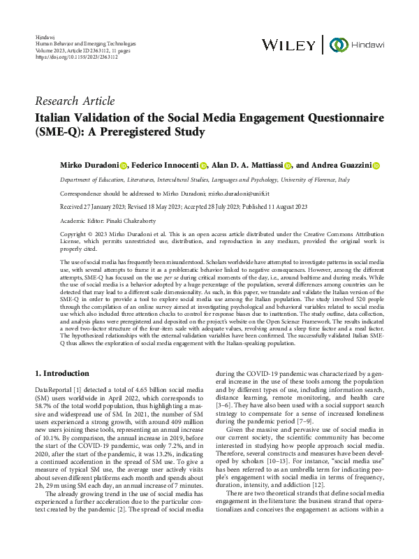 (PDF) Italian Validation of the Social Media Engagement Questionnaire (SME-Q): A Preregistered Study