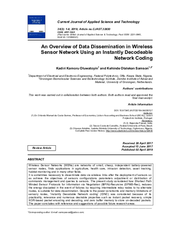 (PDF) An Overview of Data Dissemination in Wireless Sensor Network Using an Instantly Decodeable ...