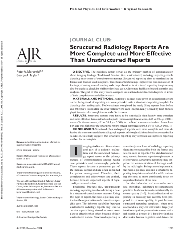 (PDF) JOURNAL CLUB: Structured Radiology Reports Are More Complete and ...