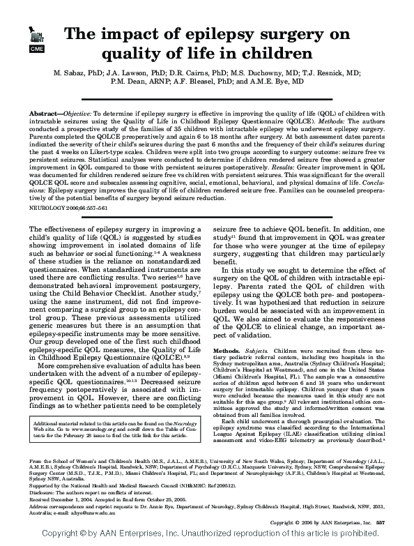 (PDF) The impact of epilepsy surgery on quality of life in children ...