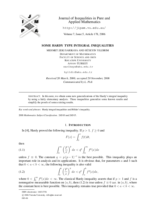 (PDF) Some Hardy type integral inequalities