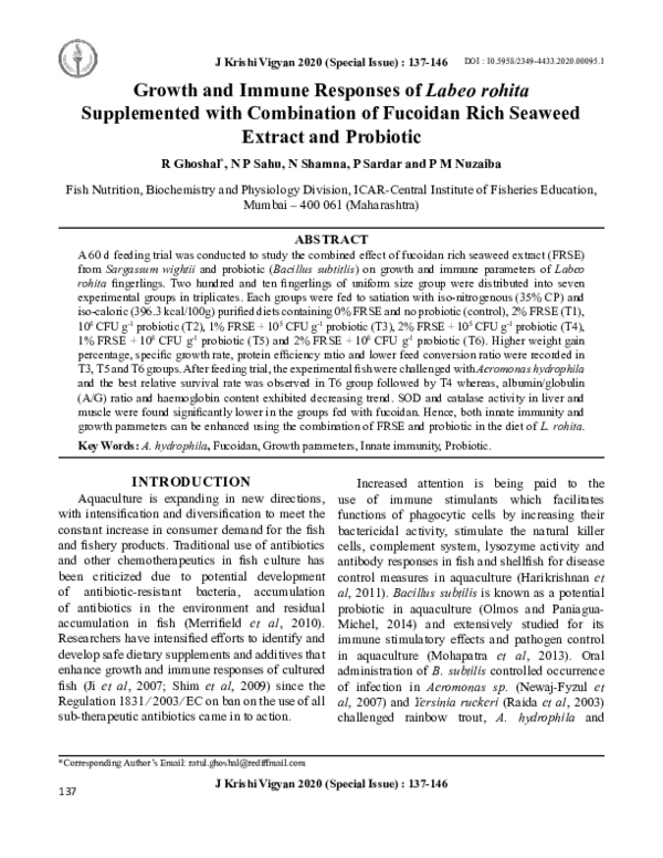 (PDF) Growth and Immune Responses of Labeo rohita supplemented with ...