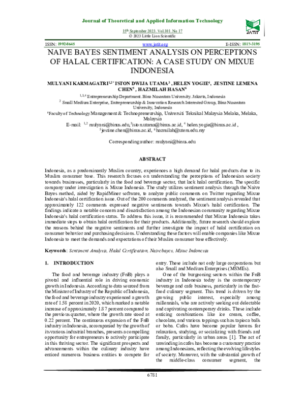 (PDF) NAIVE BAYES SENTIMENT ANALYSIS ON PERCEPTIONS OF HALAL ...