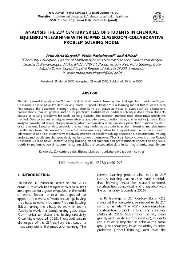 (PDF) Analysis the 21ST Century Skills of Students in Chemical Equilibrium Learning with Flipped ...