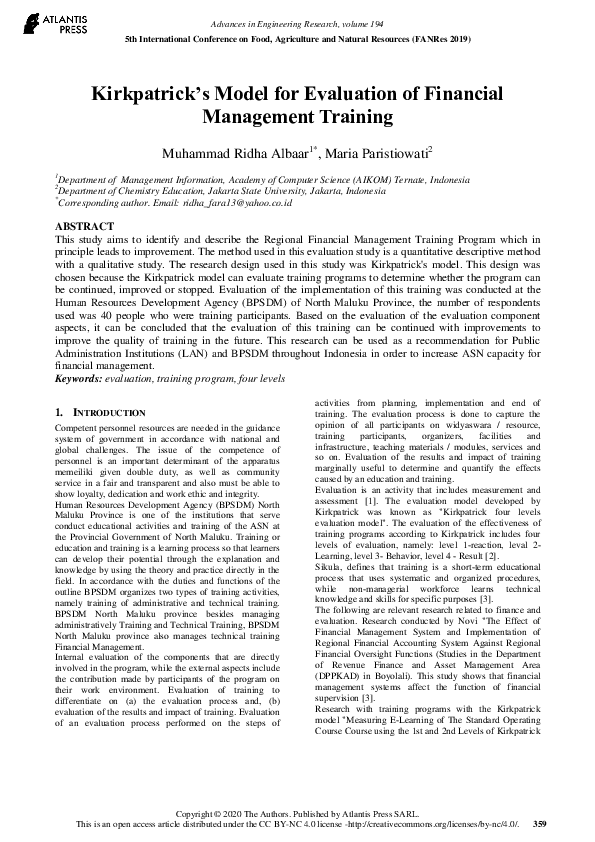 (PDF) Kirkpatrick’s Model for Evaluation of Financial Management Training