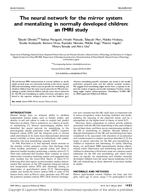 (PDF) The neural network for the mirror system and mentalizing in normally developed children ...