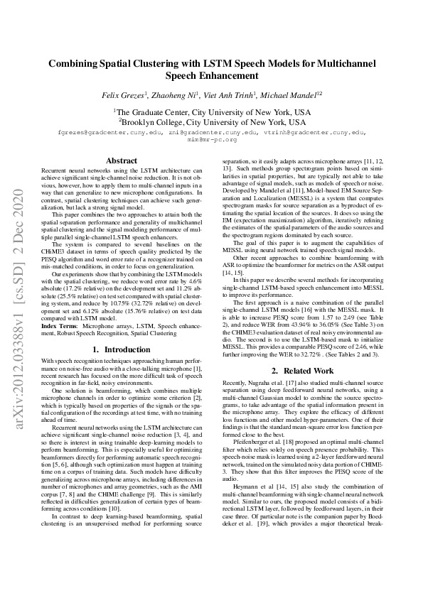 (PDF) Combining Spatial Clustering with LSTM Speech Models for Multichannel Speech Enhancement