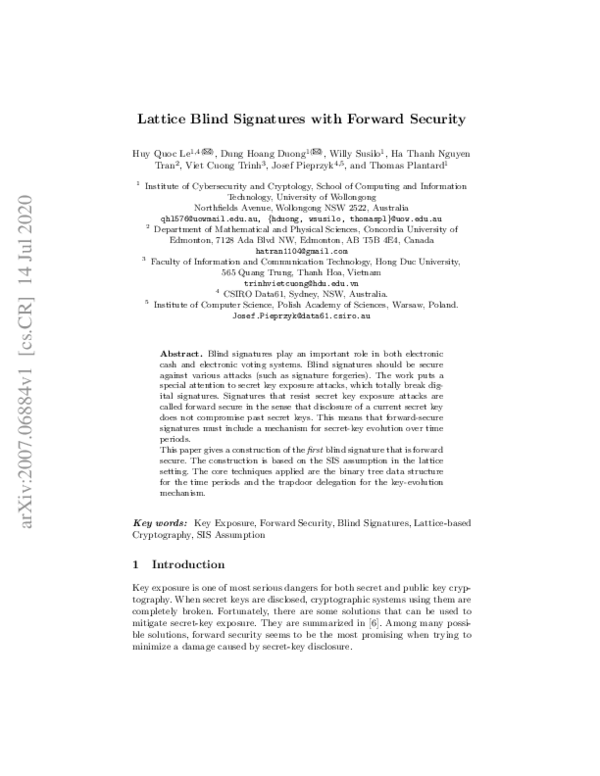 (PDF) Lattice Blind Signatures with Forward Security | việt trịnh - Academia.edu