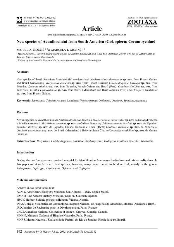 (PDF) New species of Acanthocinini from South America (Coleoptera ...