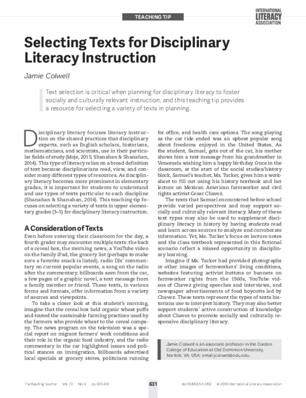(PDF) Selecting Texts for Disciplinary Literacy Instruction