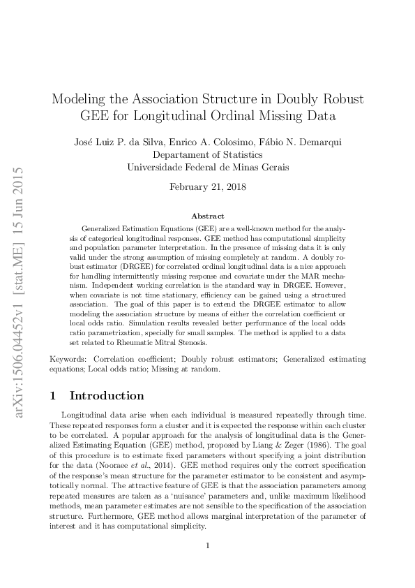 (PDF) Modeling the Association Structure in Doubly Robust GEE for Longitudinal Ordinal Missing Data