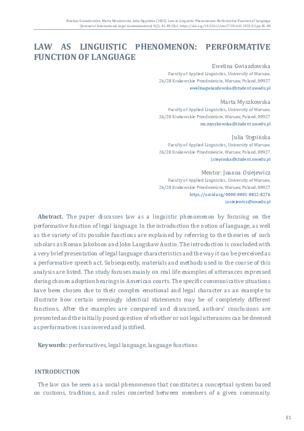 (PDF) Law as Linguistic Phenomenon: Performative Function of Language