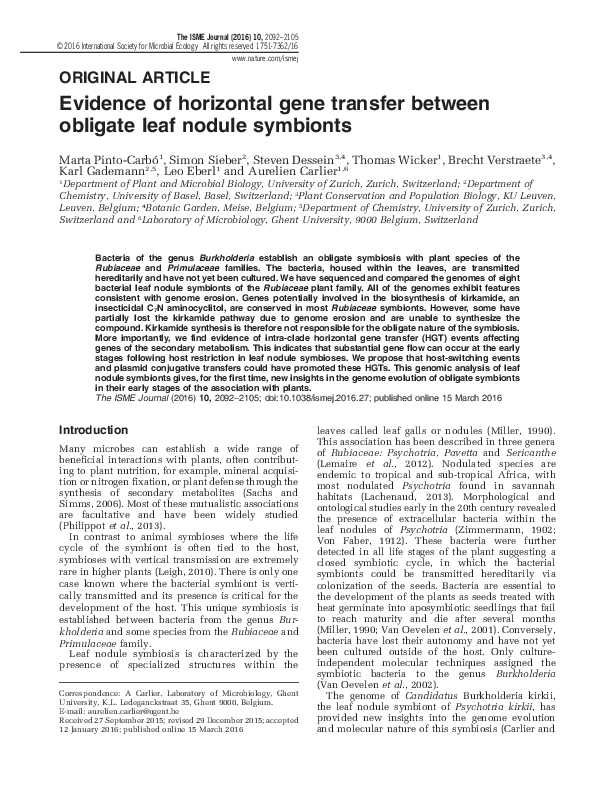 (PDF) Evidence of horizontal gene transfer between obligate leaf nodule ...