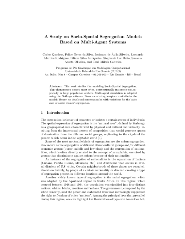 (PDF) A Study on Socio-spatial Segregation Models Based on Multi-agent ...
