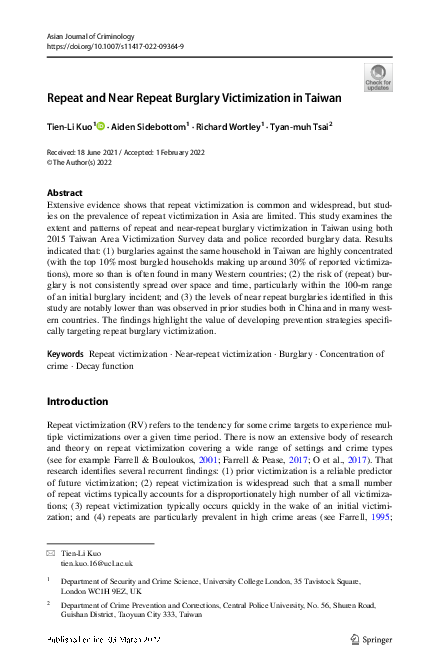 (PDF) Repeat and Near Repeat Burglary Victimization in Taiwan