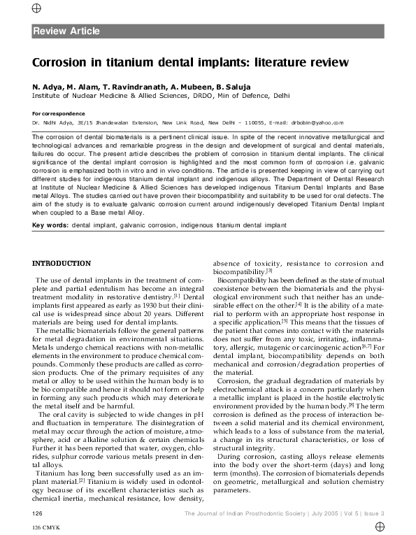 (PDF) Corrosion in titanium dental implants: literature review